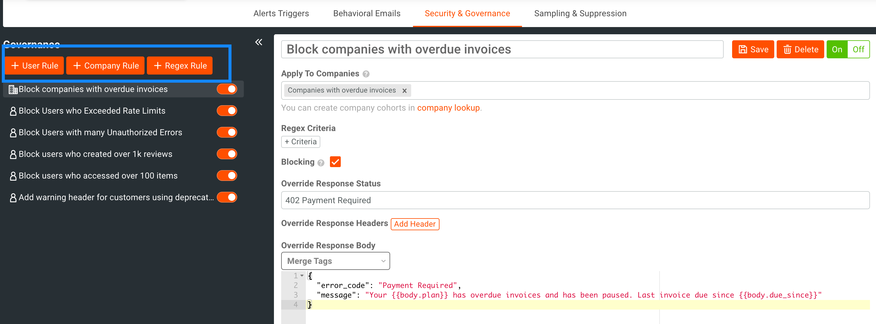 Creating Governance Rules | Moesif Docs